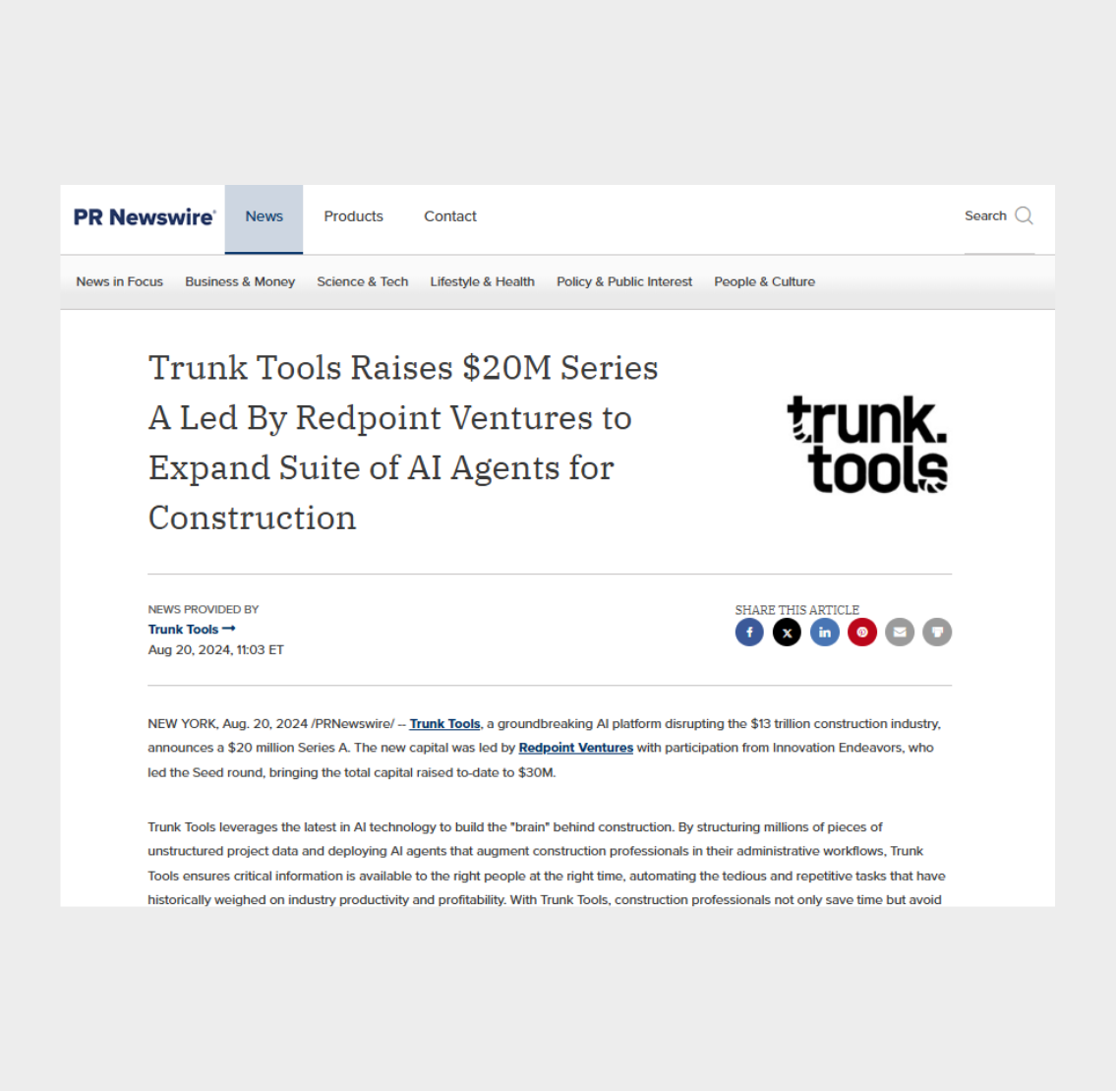 Trunk Tools Series A Fundraise Featured in PR Newswire - Trunk.Tools